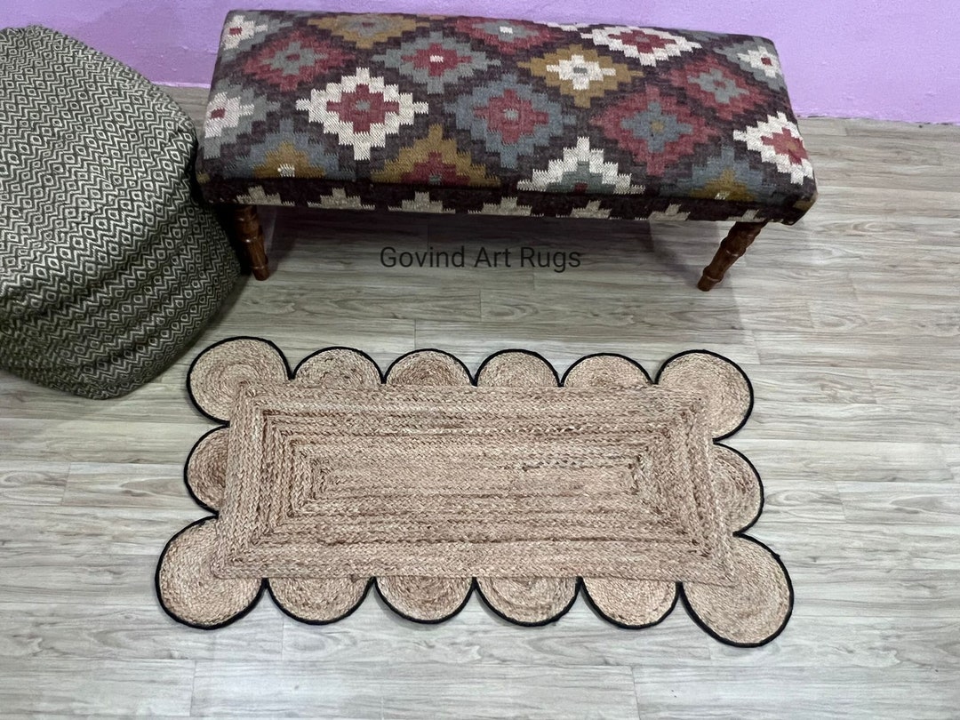 Black Border Jute Rug Natural Jute Area Scalloped Rug, Bohemian Scallop ...
