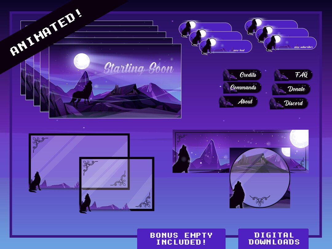 Howling Wolf Full Moon Complete Twitch Stream Overlay Pack Animated ...