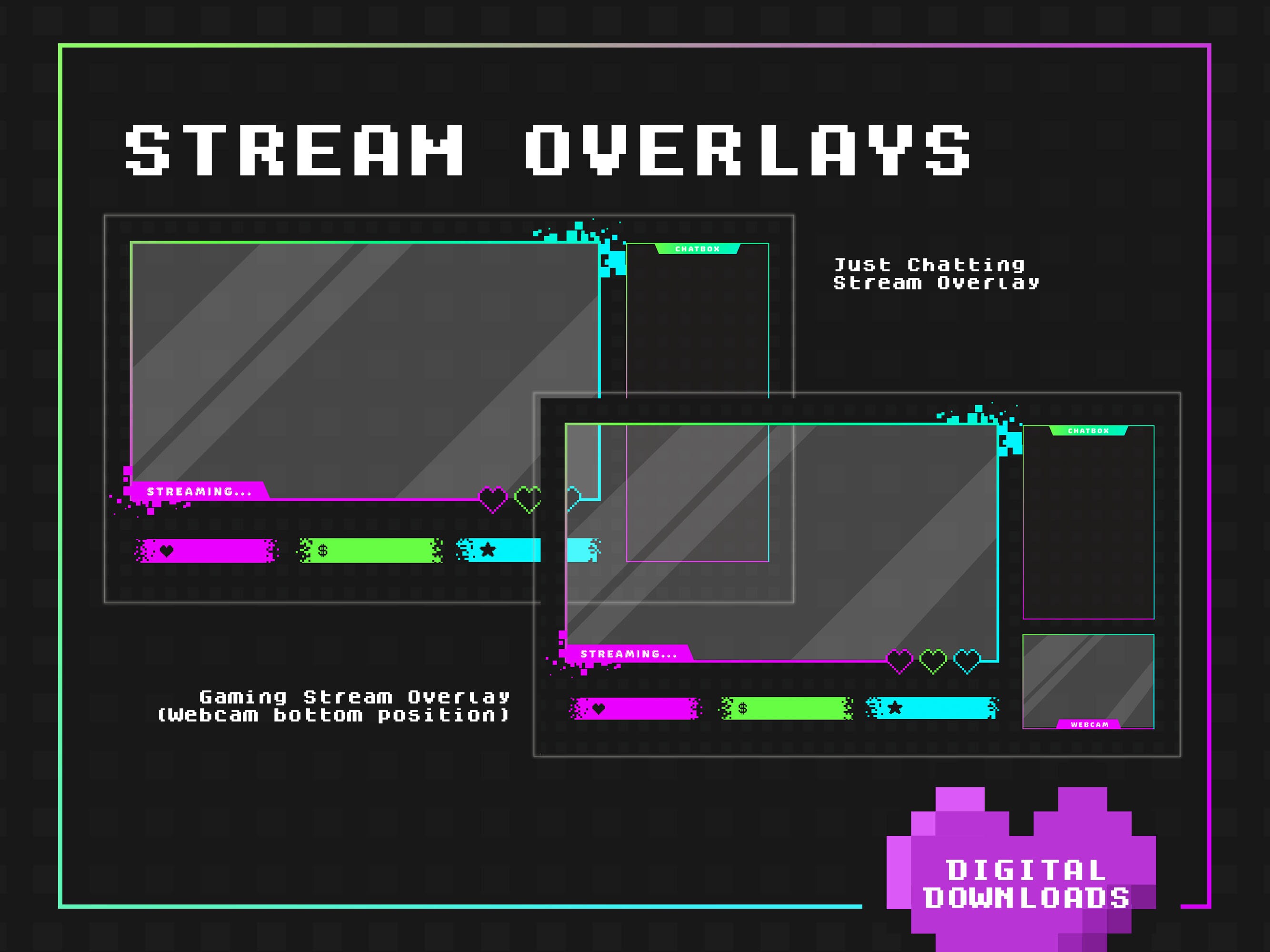 4 X Twitch Streaming Overlays | Neon Pixel Heart | Gaming Overlays ...