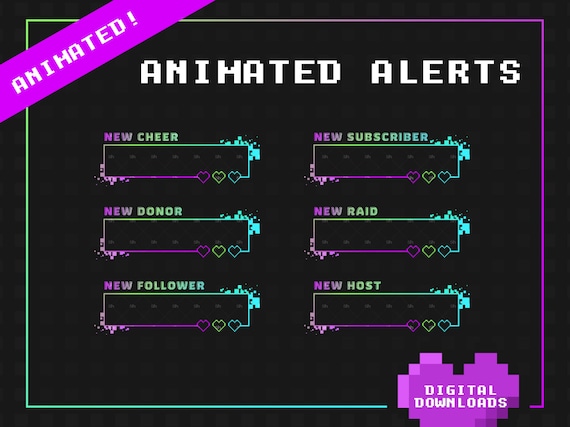 Neon Pixel Hearts Twitch Stream Alerts X 6 New Follower new - Etsy