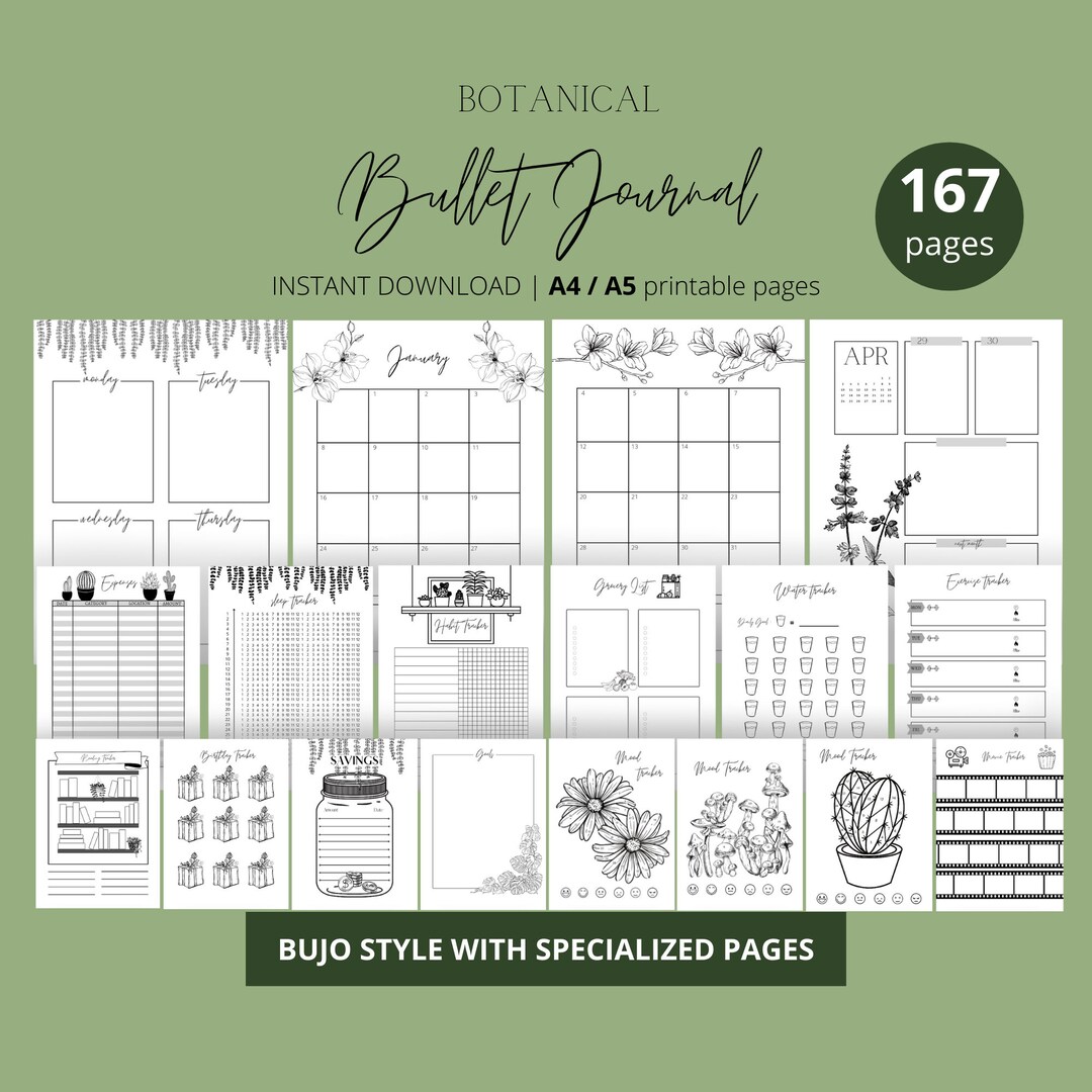 Botanical Journal Printable Starter Pack, Printable Journal Bundle, Self Care Trackers, Weekly ...