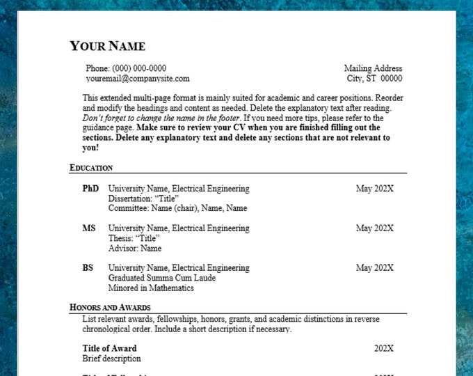 Editable, Professional Extended CV curriculum Vitae Template - Etsy