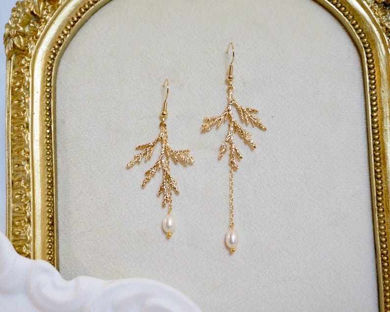 Cypress Branch Long Dangle Earring, Gold Twig Earring, Forest Branch ...
