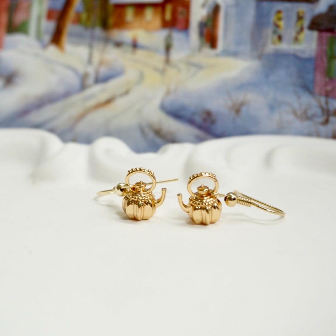 18K Gold Plated Vintage Tiny Teapot Charm Earrings, 3D Tea Kettle ...