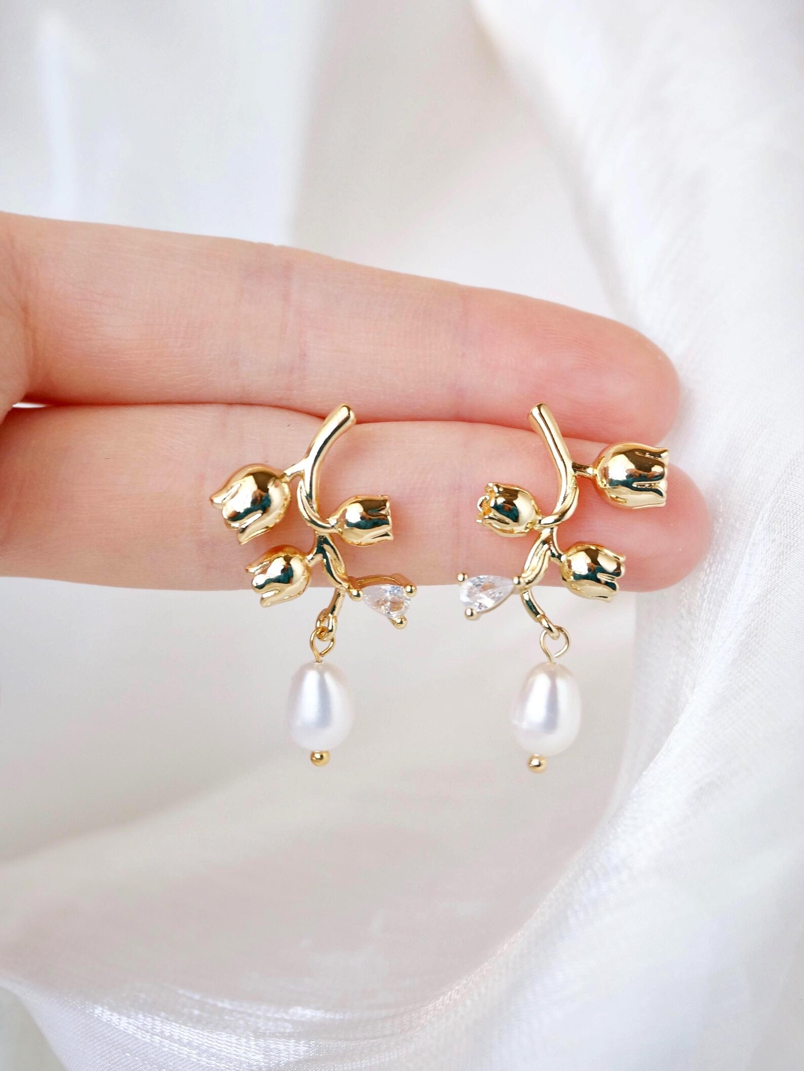 Gold Lily of the Valley Pearl Drop Stud Earrings, Danity CZ Floral ...