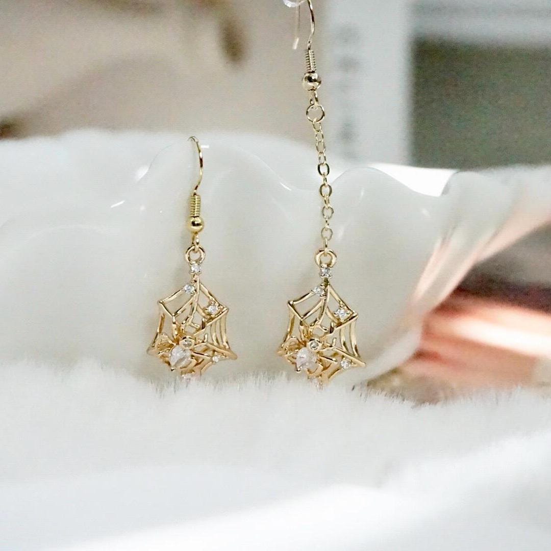 Gold Unique Cubic Zirconia Spider Earrings, Mismatched Spider Web ...