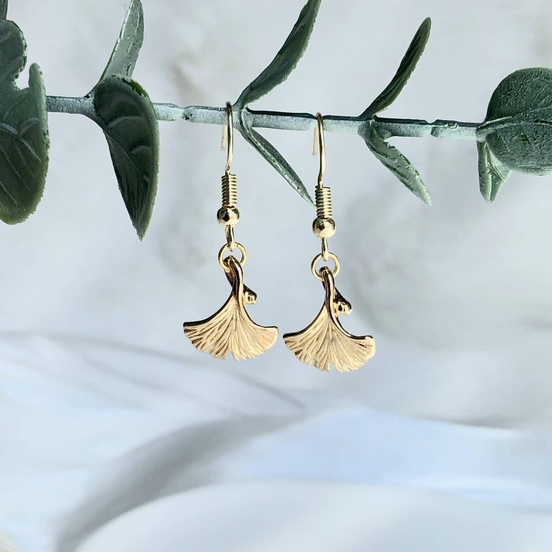 Gold Ginkgo Biloba Leaf Drop Earrings, Ginkgo Leaf Earrings, Minimalist ...