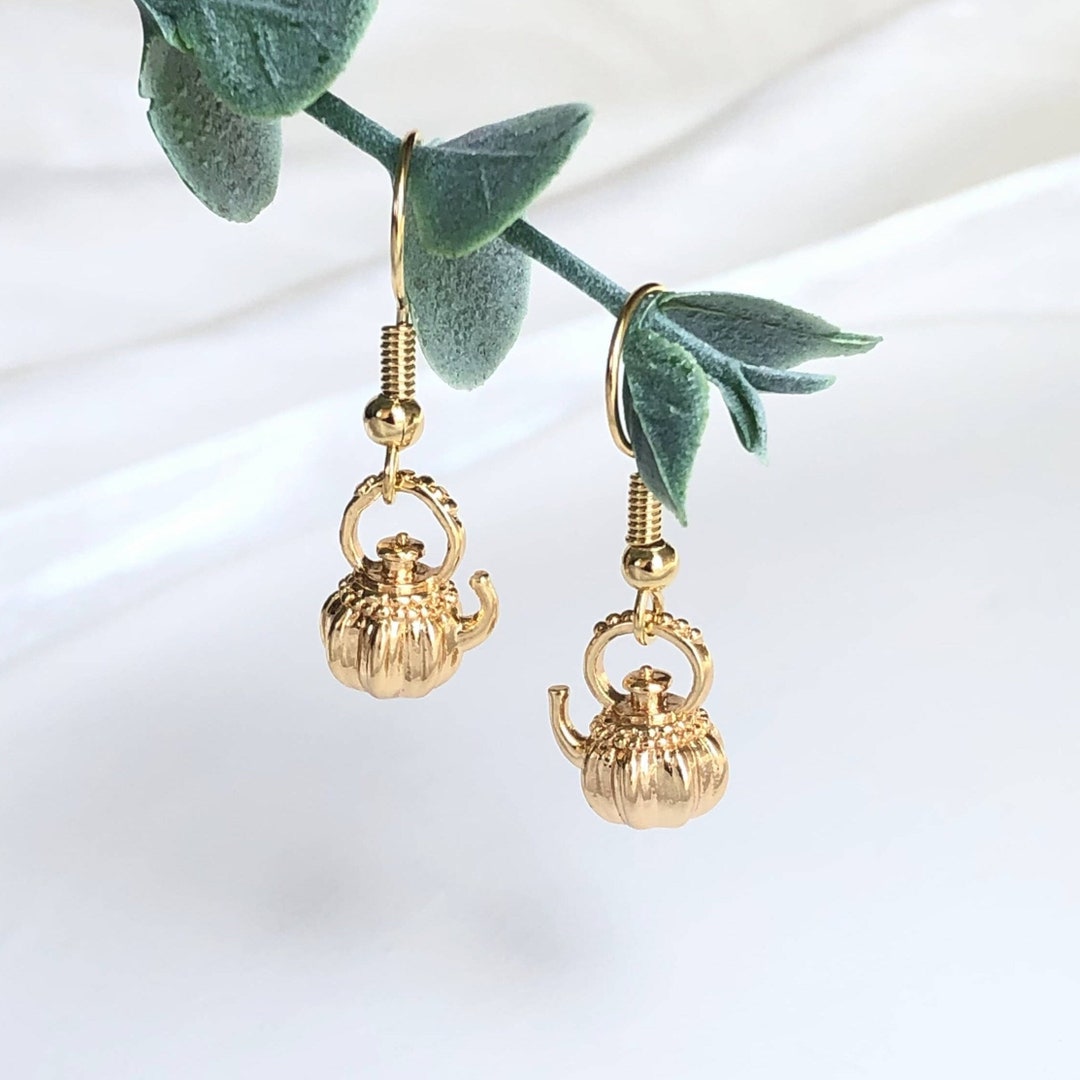 Vintage Tiny Teapot Charm Earrings, 18K Gold Plated 3D Tea Kettle ...