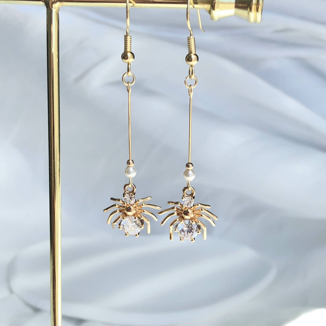 Gold Dangle Spider Earrings, Spider Drop Earrings, Cubic Zirconia ...