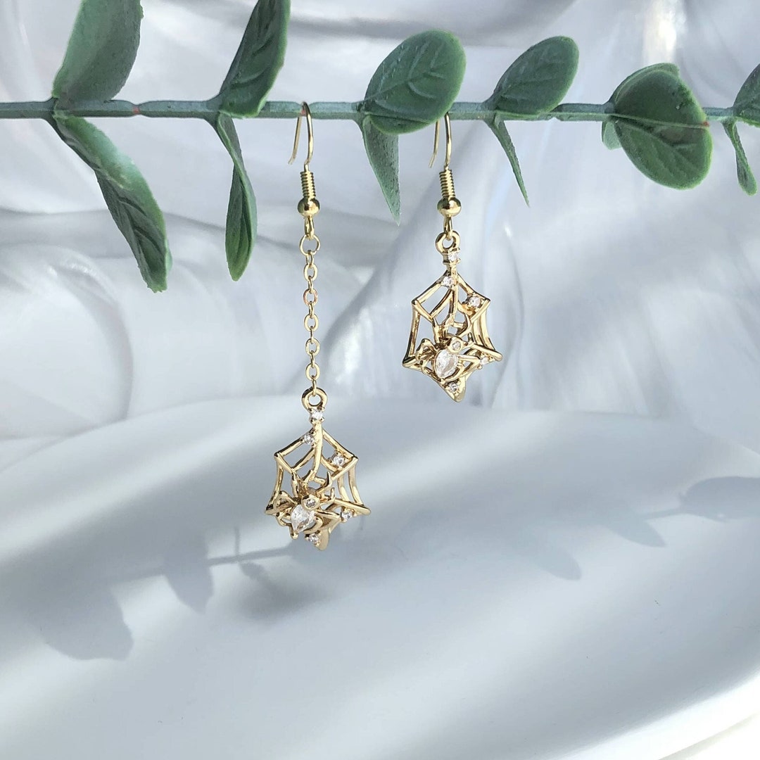 Gold Unique Cubic Zirconia Spider Earrings, Mismatched Spider Web ...