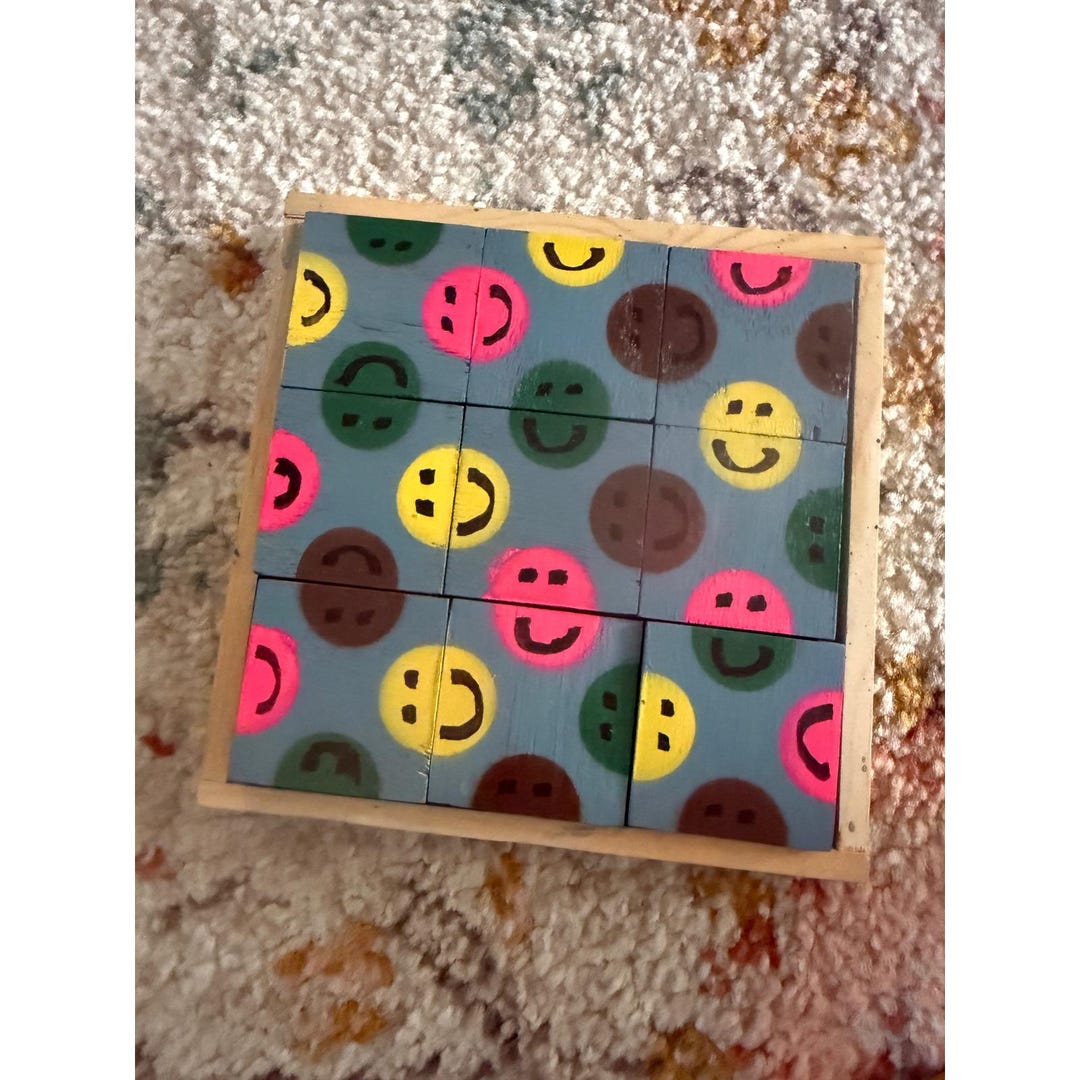 Handmade Wooden Smiley Face Sliding Puzzle Game Hand Painted Pop Art ...