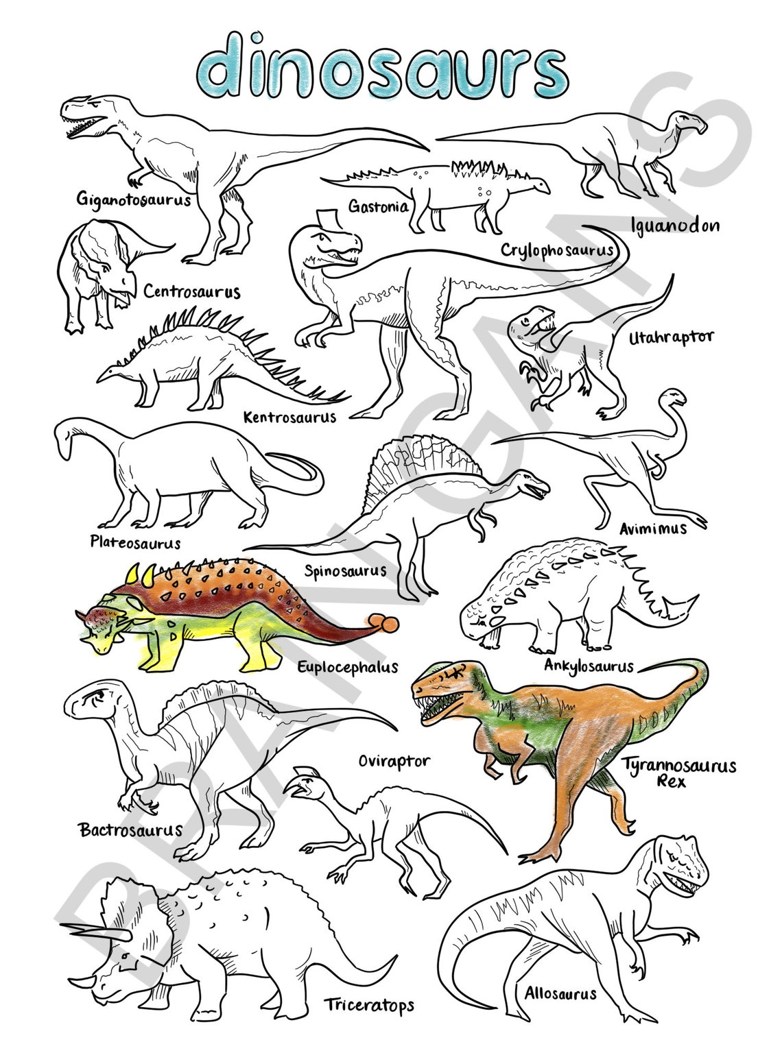 Dinosaurs Coloring Page Digital Download Printable PDF for Kids ...