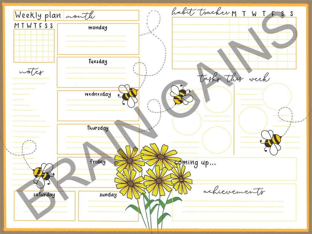 Bumblebee Sunflower Daisy Weekly Calendar & Planner Pink Digital ...