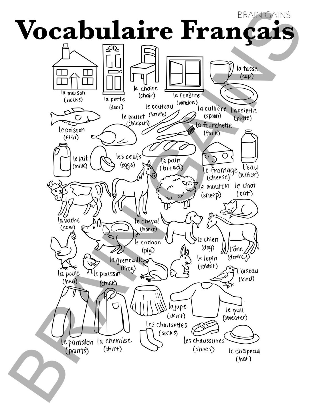 French Vocabulary Vocabulaire Francais Kids Language Worksheet Coloring ...