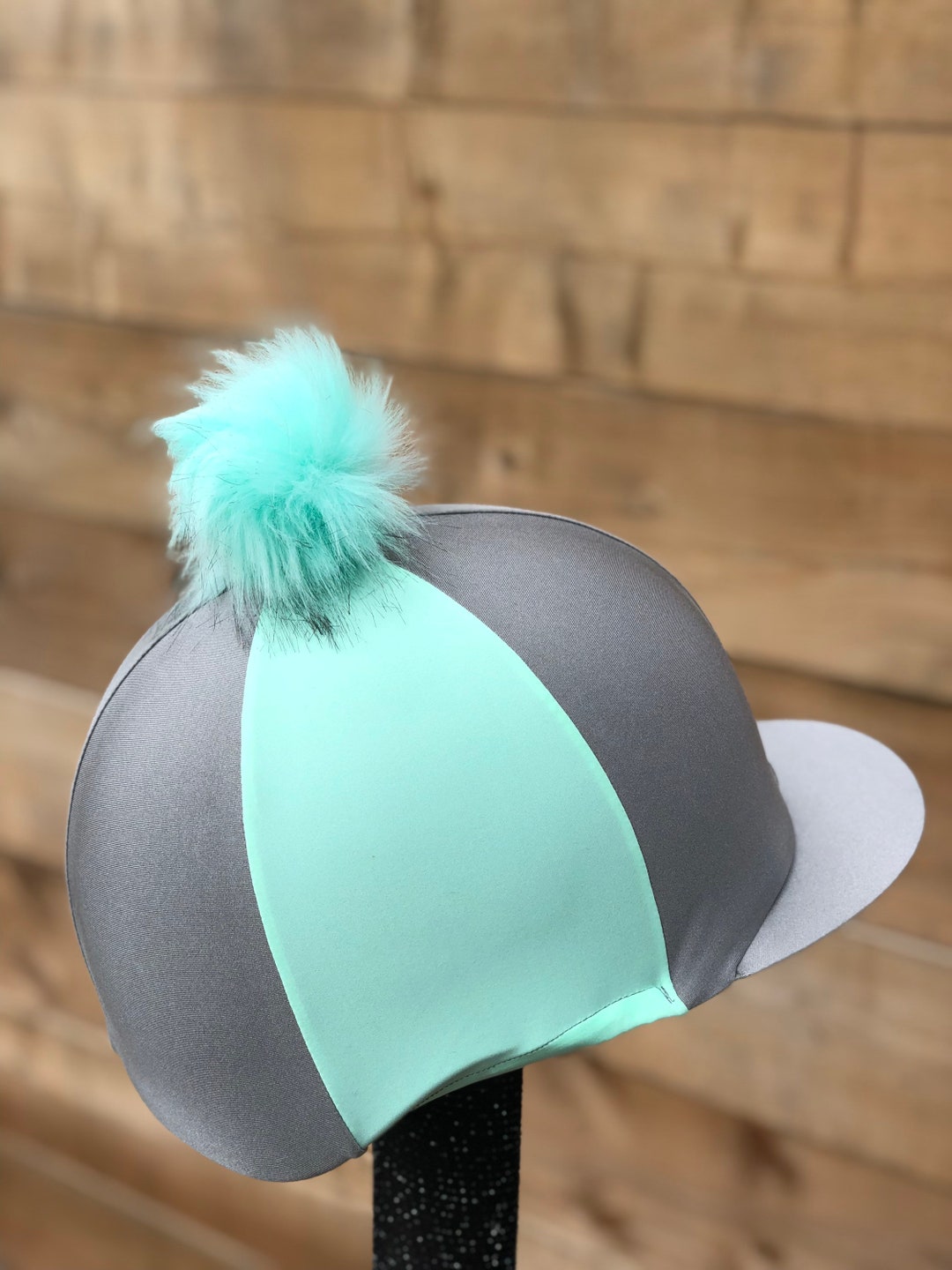 Horse Riding Hat Silk Cover Grey and Peppermint .pom Poms Button Top ...