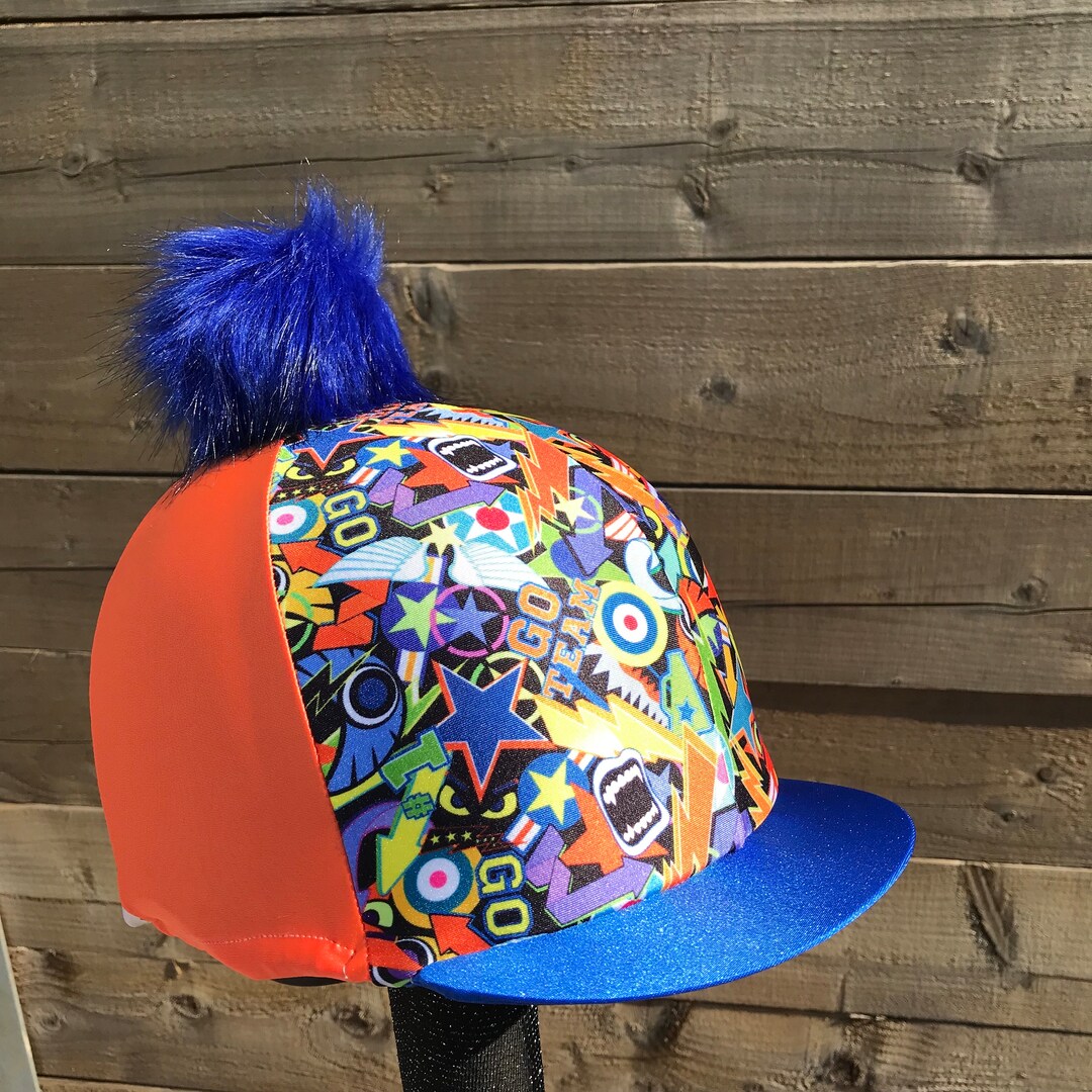 Horse Riding Hat Silk Orange Base and Peak Go Team Front . Skull Cap or ...