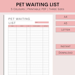 Pet Waiting List | Printable Sign up Sheet | Pet Deposit Tracker ...