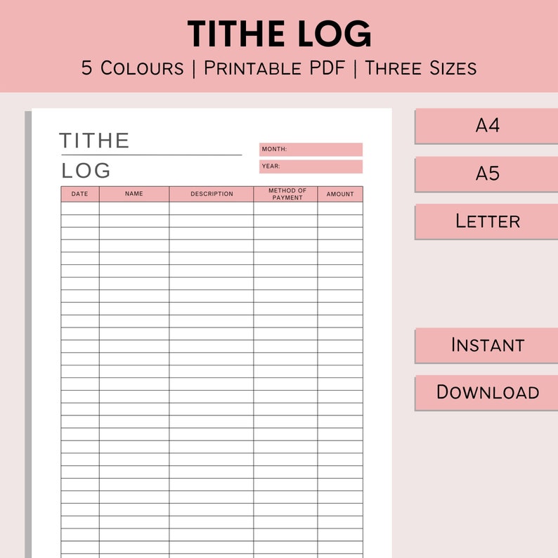 Tithe Log | Printable Tithing Record | Church Giving Log | Financial ...