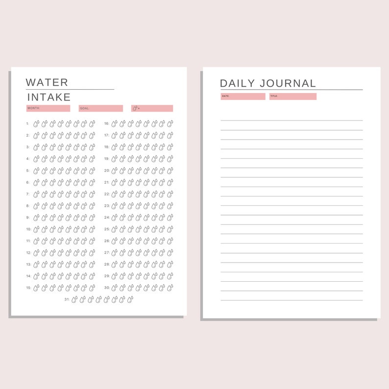 Water Intake Tracker | Monthly Hydration Printable | Water Journal ...