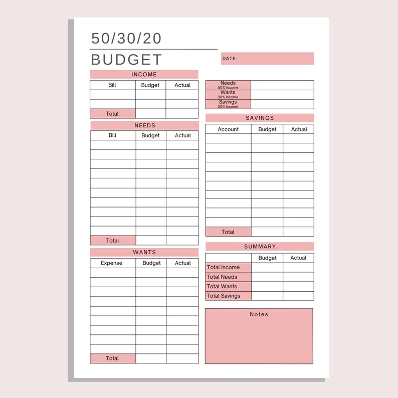 50/30/20 Budget Planner Template | Monthly Budget Sheet | Money ...