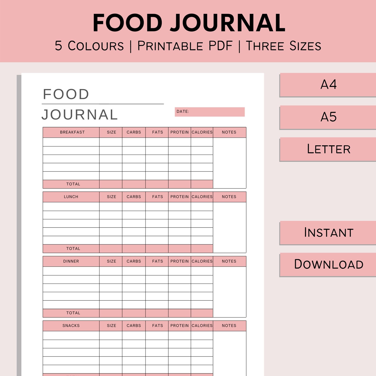 Food Journal | Printable Meal Tracker | Calorie Counting Log | Meal ...