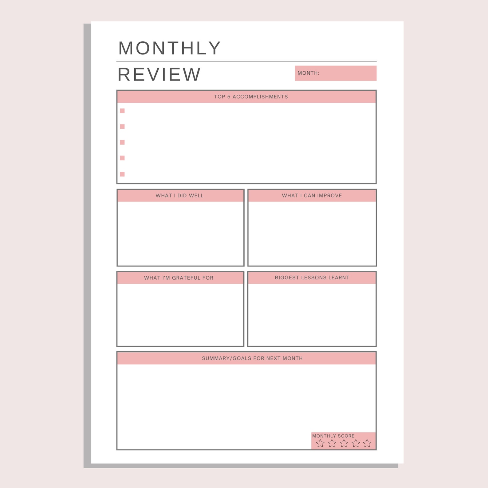 Monthly Review | Printable Monthly Evaluation | Reflection Tracker ...