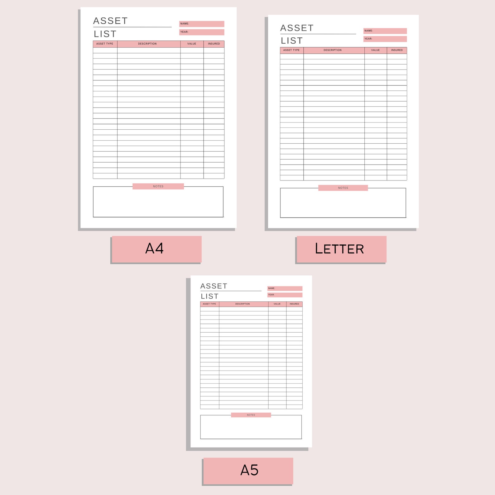 Asset List | Printable Item Log | Finance Tracker | Home Inventory List ...