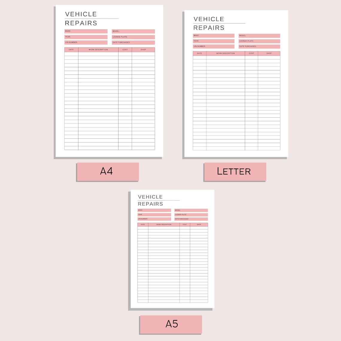 Vehicle Repair Log | Maintenance Tracker | Mechanic | Printable Work ...