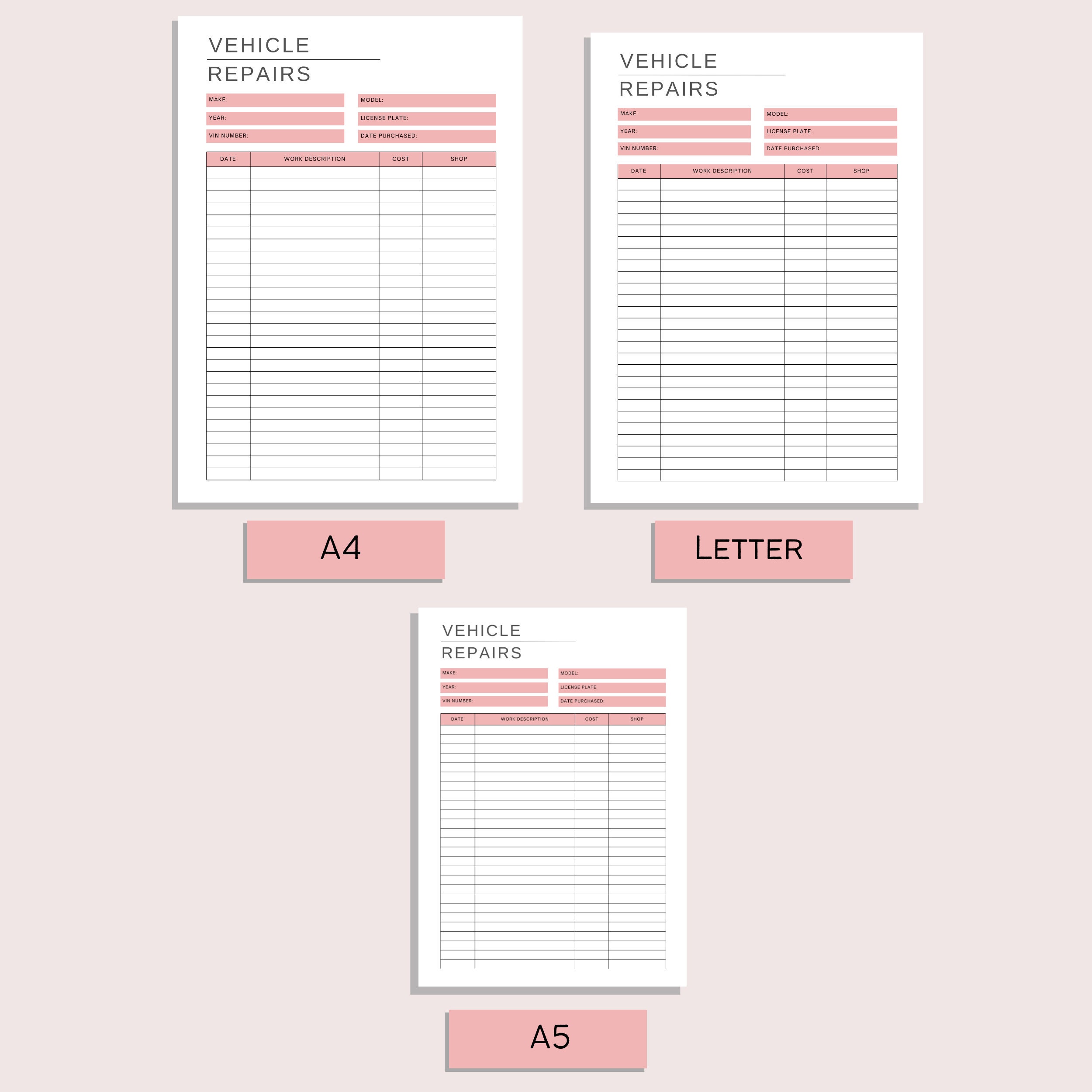 Vehicle Repair Log | Maintenance Tracker | Mechanic | Printable Work ...