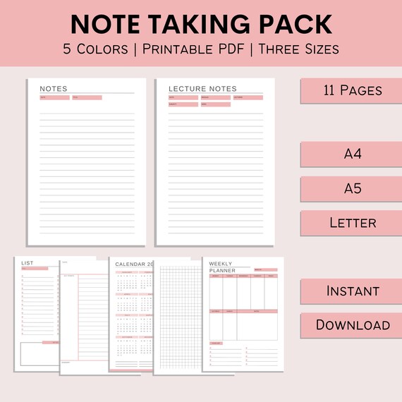 Note Taking Pack Printable Note Pages Student Note Bundle | Etsy