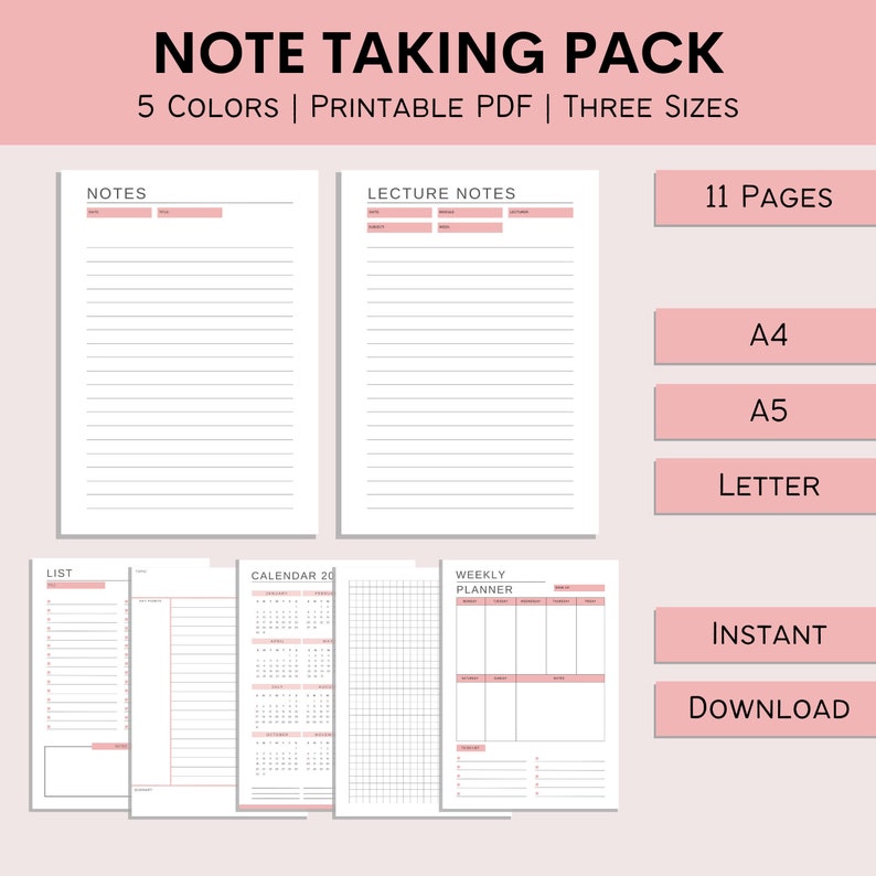 Note Taking Pack Printable Note Pages Student Note Bundle | Etsy