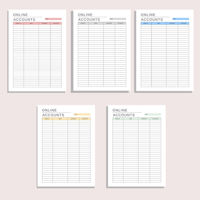 Online Account List | Printable Password Tracker | Accounts | Password ...