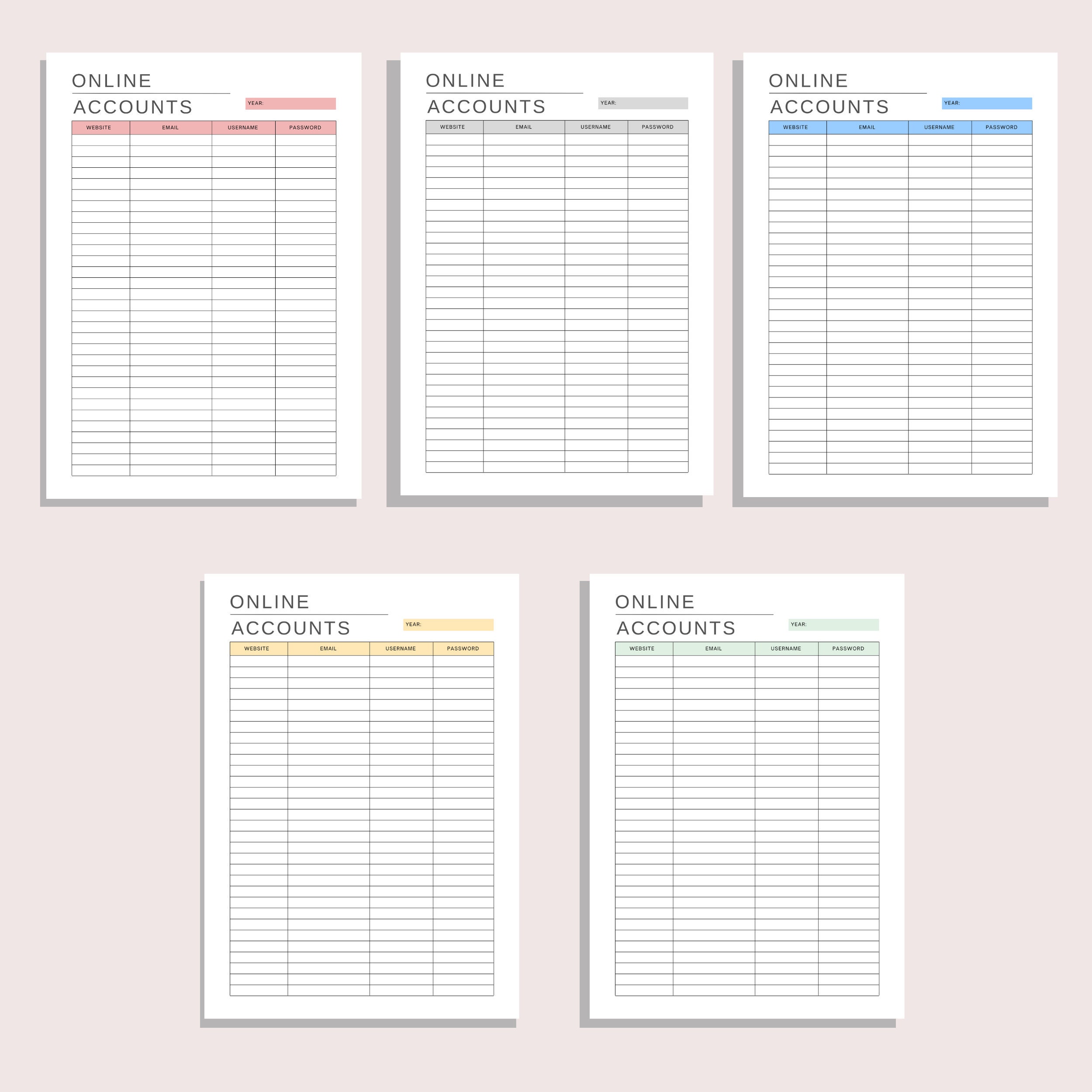 Online Account List | Printable Password Tracker | Accounts | Password ...