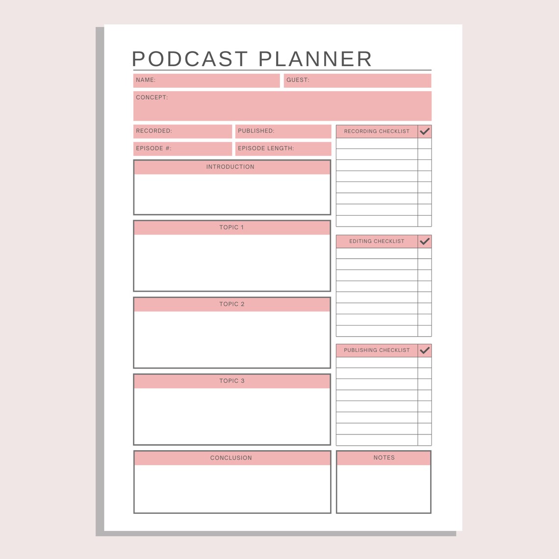 Podcast Planner, Printable Content Template, Podcast Checklist, Content ...