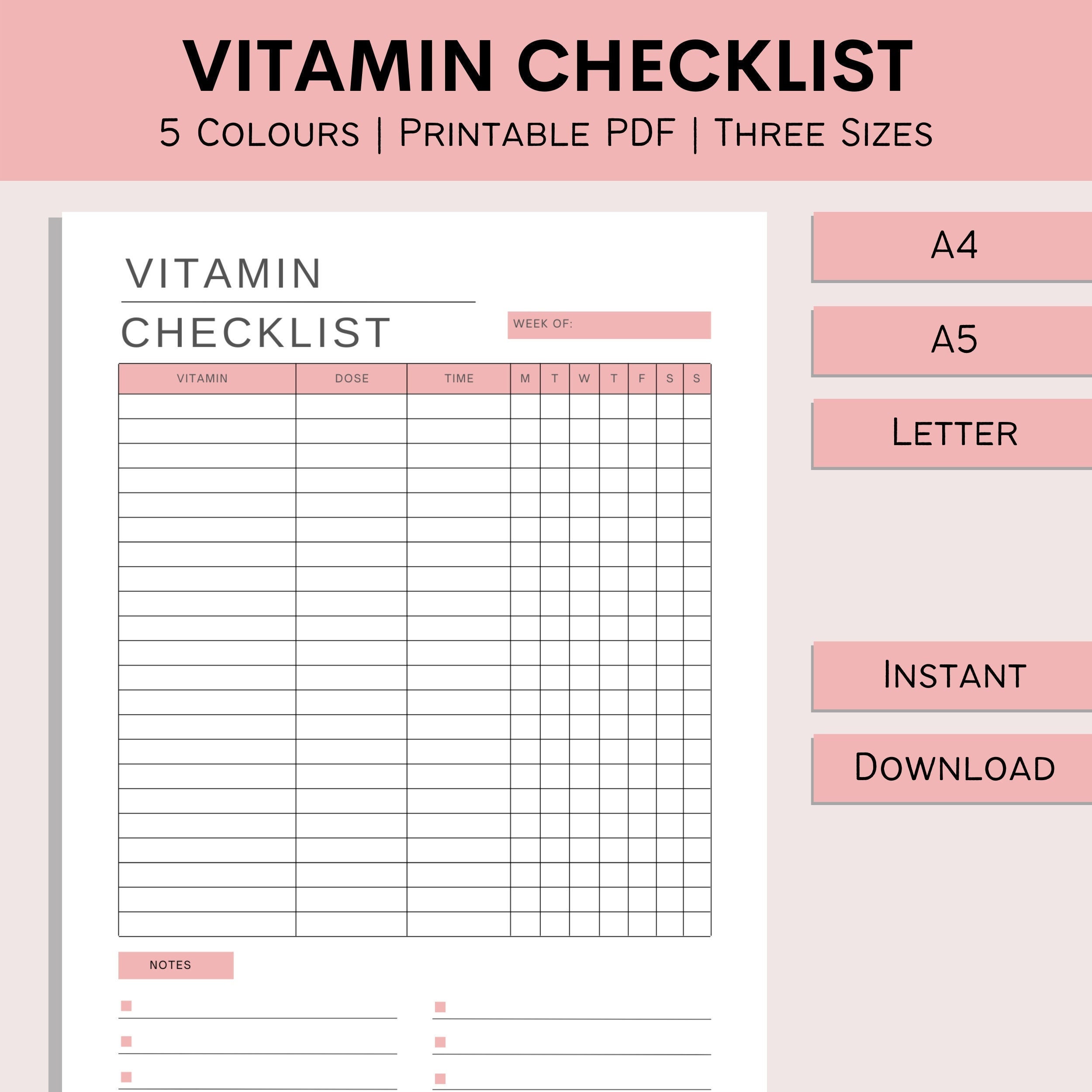 Daily Vitamin Checklist | Weekly Supplement Tracker | Medication Log ...