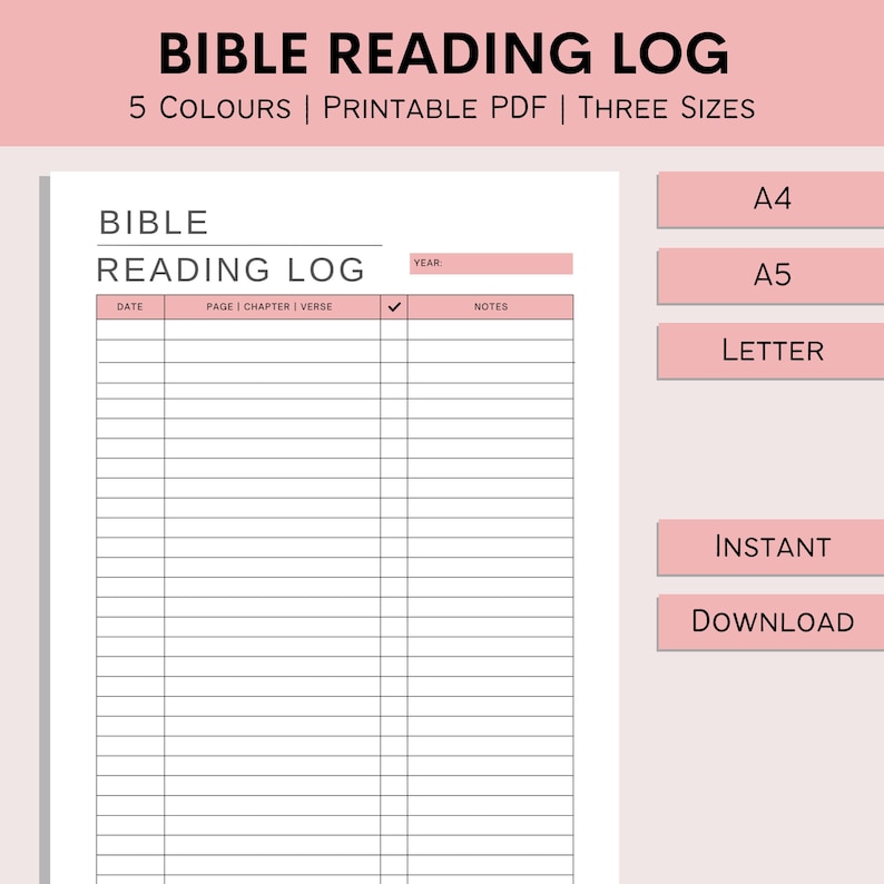Bible Reading Log | Printable Reading Tracker | Bible Journal | Religious Study Template | Bible ...