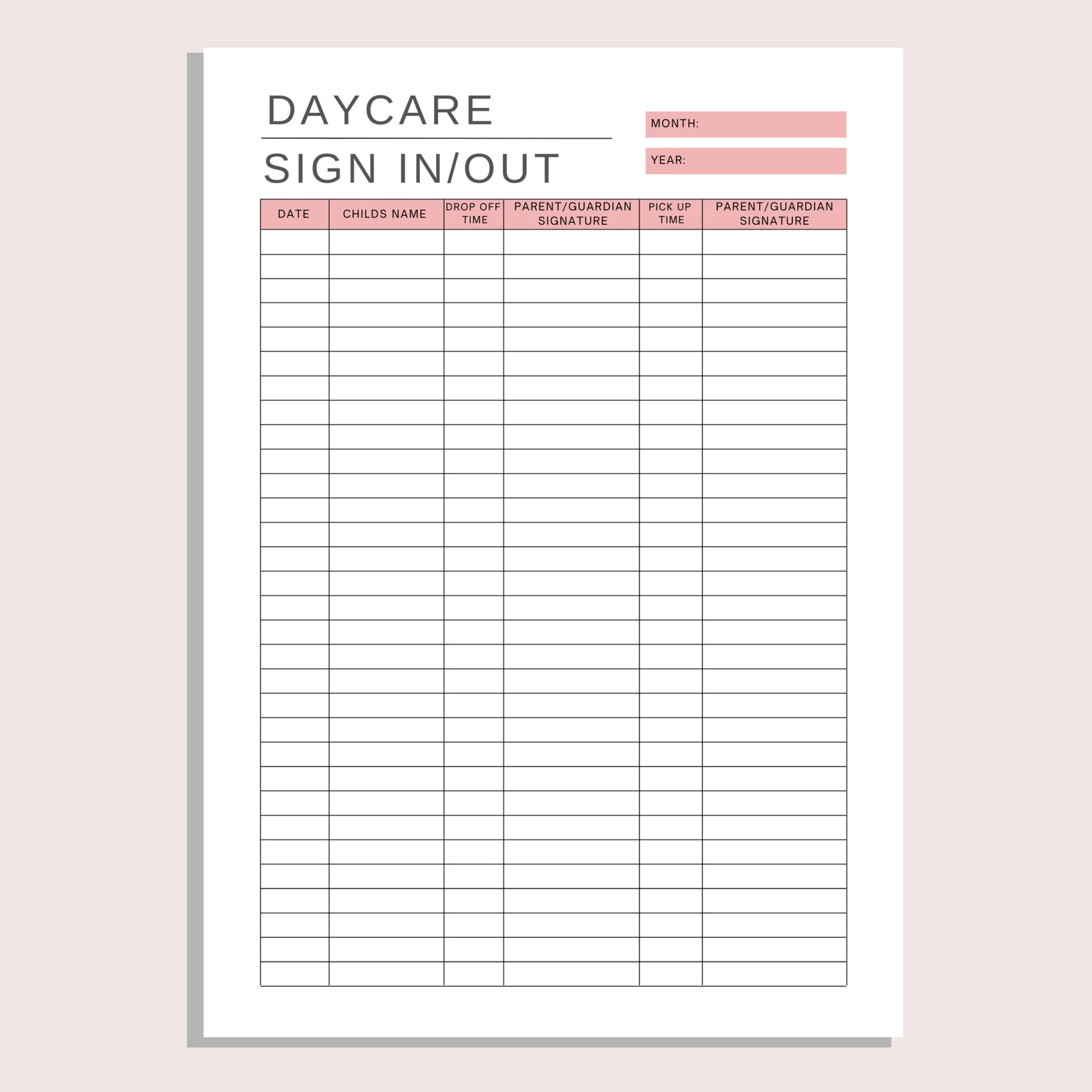 Daycare Sign in Sheet | Sign Out Form | Attendance List | Nursery ...