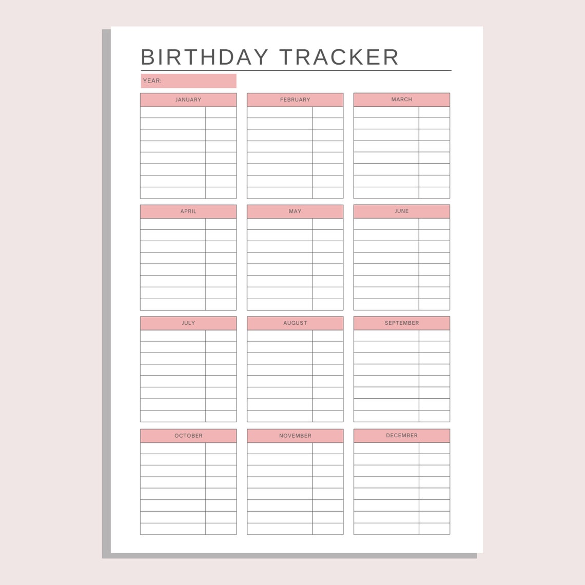 Birthday Tracker Printable | Important Dates Template | Birthday ...
