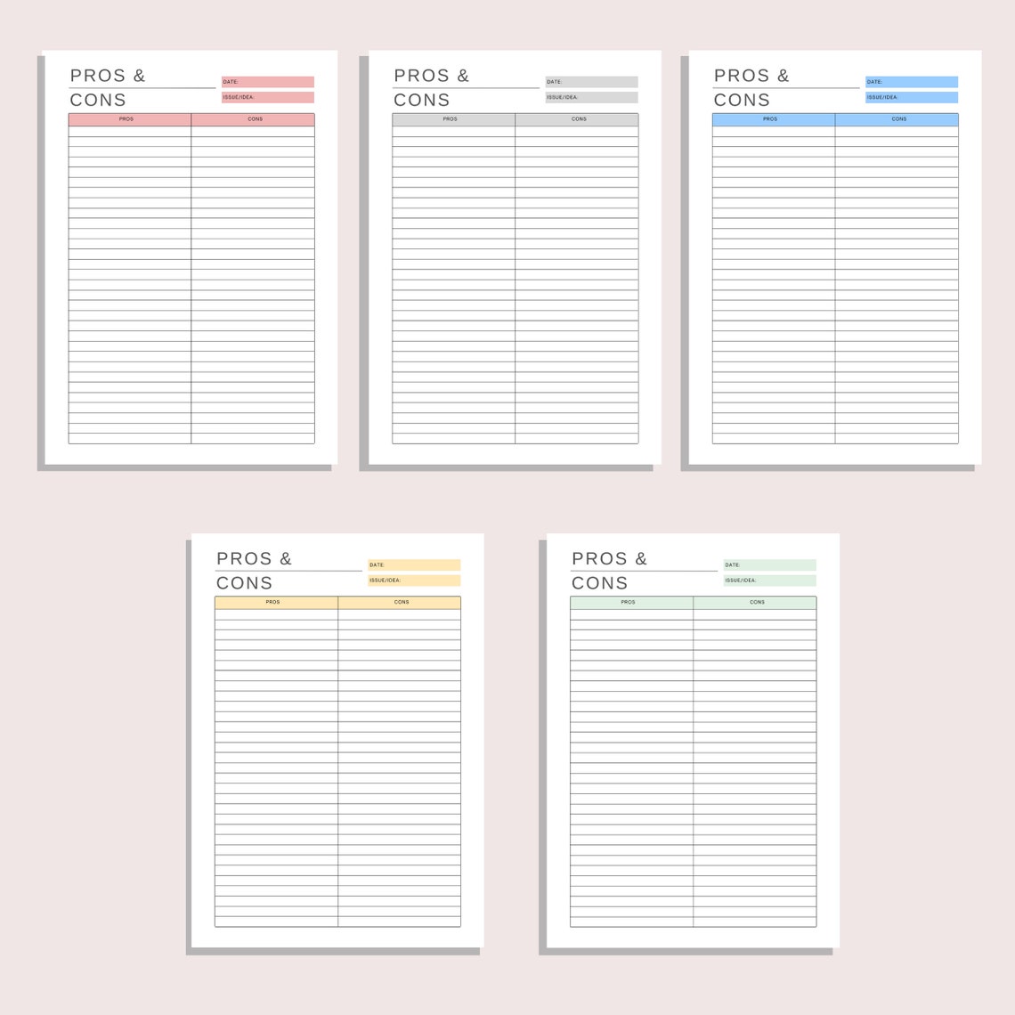 Pros and Cons List Printable Idea List Issue Organization Sheet Print ...