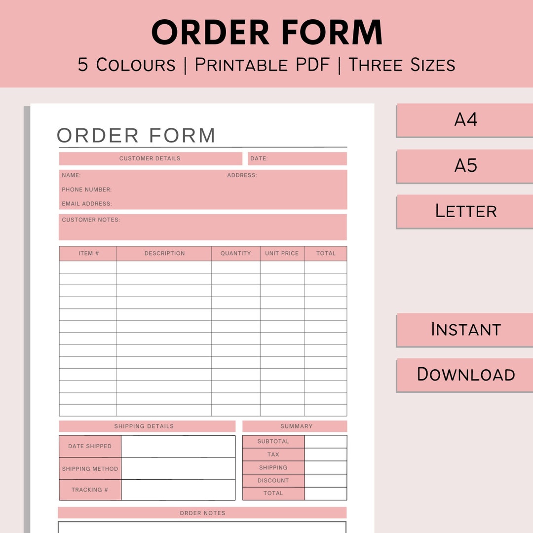 Small Business Order Form | Printable Order Tracker | Purchase Order ...