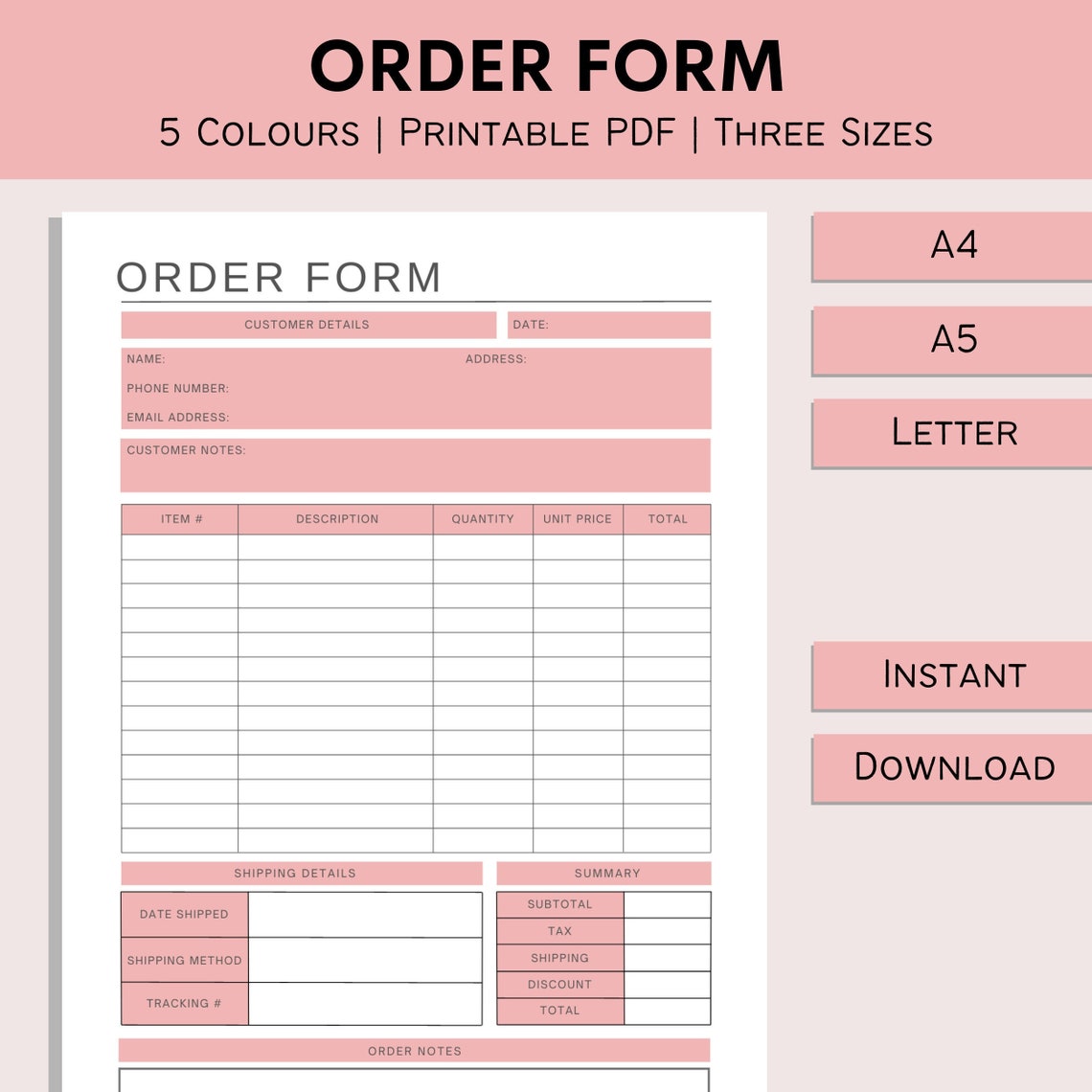Small Business Order Form | Printable Order Tracker | Purchase Order ...