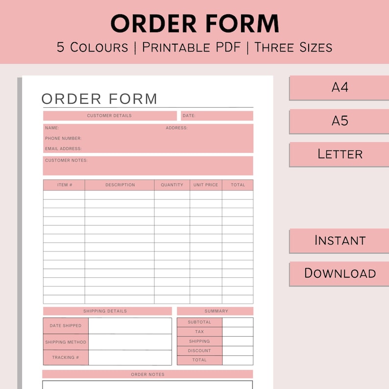 Small Business Order Form | Printable Order Tracker | Purchase Order ...