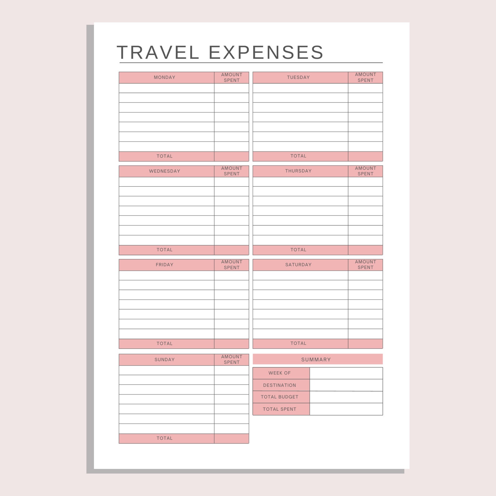 Travel Expenses Tracker | Printable Daily Spending Log | Work Travel ...