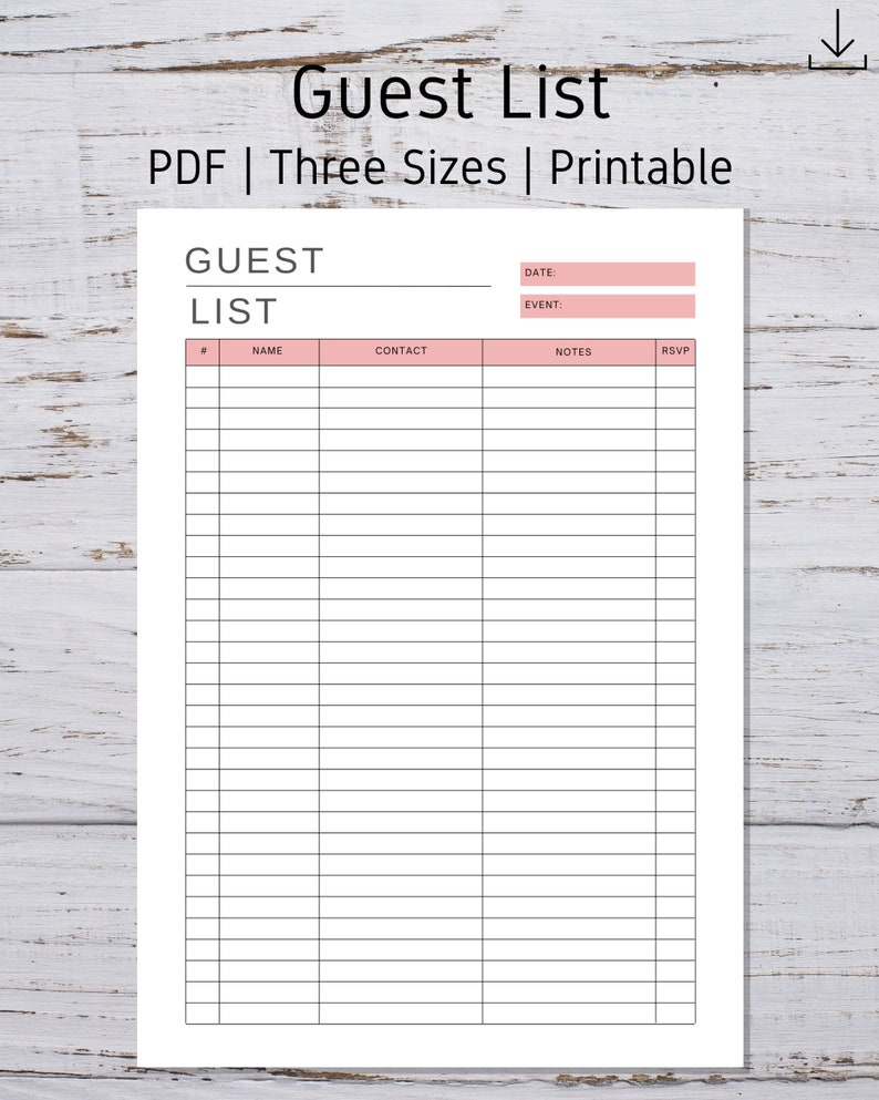 Guest List Guest List Tracker Printable Guest Sheet | Etsy