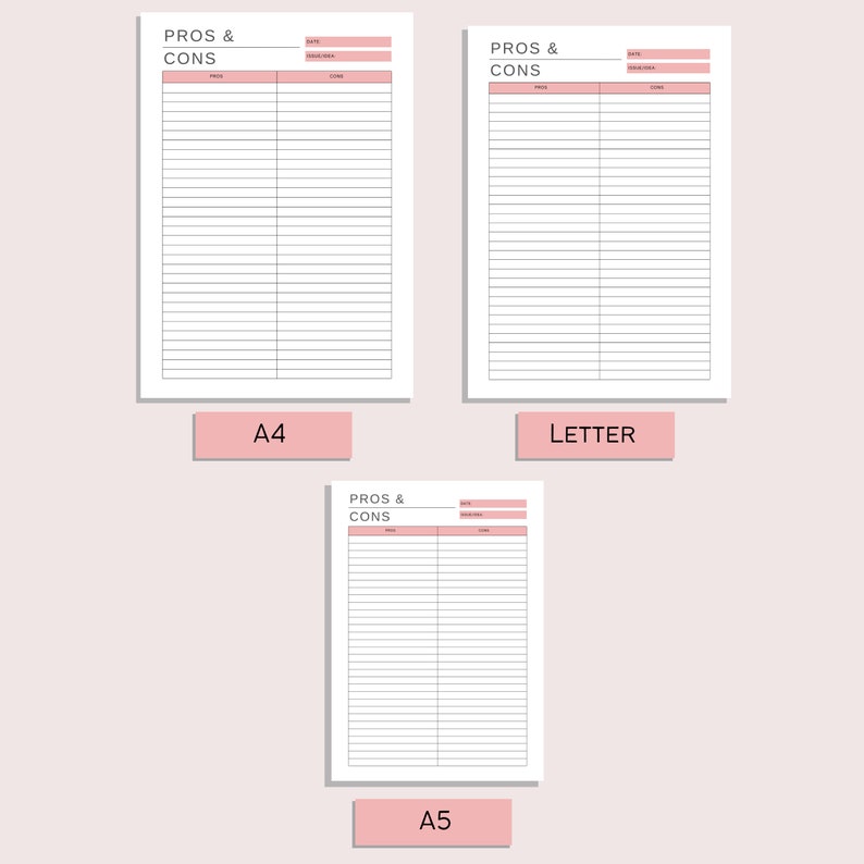 Pros and Cons List Printable Idea List Issue Organization Sheet Print ...