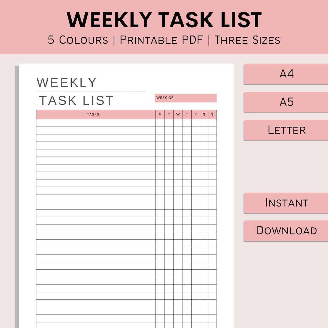 Weekly Task List | Printable Daily Checklist | Day to Day Tasks | Task ...