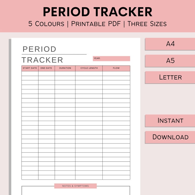Period Tracker, Printable Menstrual Cycle, Period Symptom Tracking ...