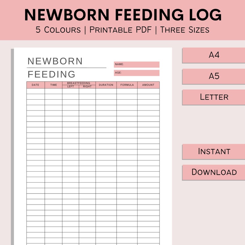 Newborn Feeding Log | Printable Baby Food Tracker | New Mom Planner ...