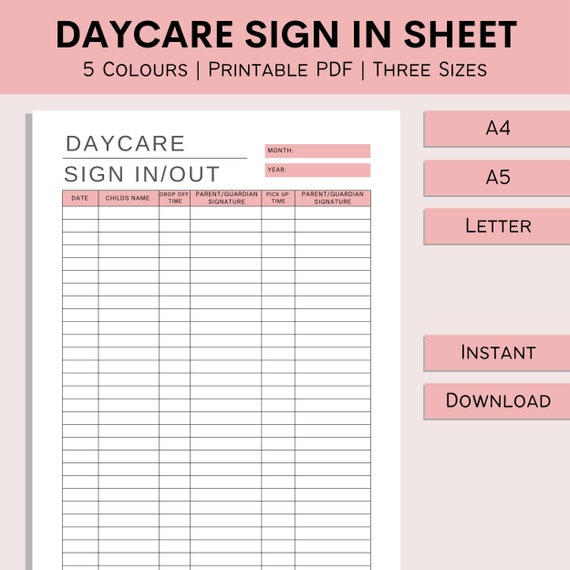 Daycare Sign in Sheet Sign Out Form Attendance List - Etsy