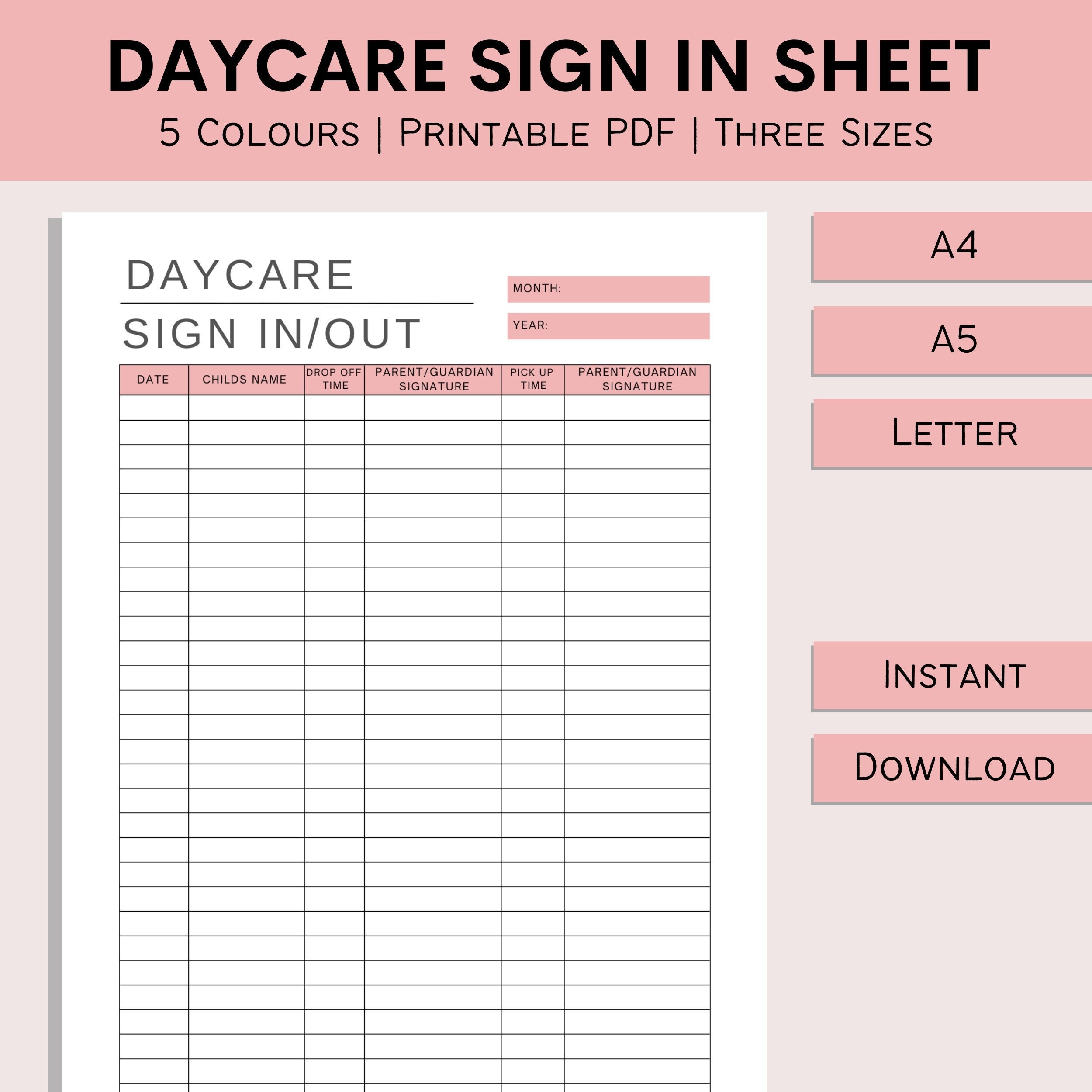 Daycare Sign in Sheet | Sign Out Form | Attendance List | Nursery ...